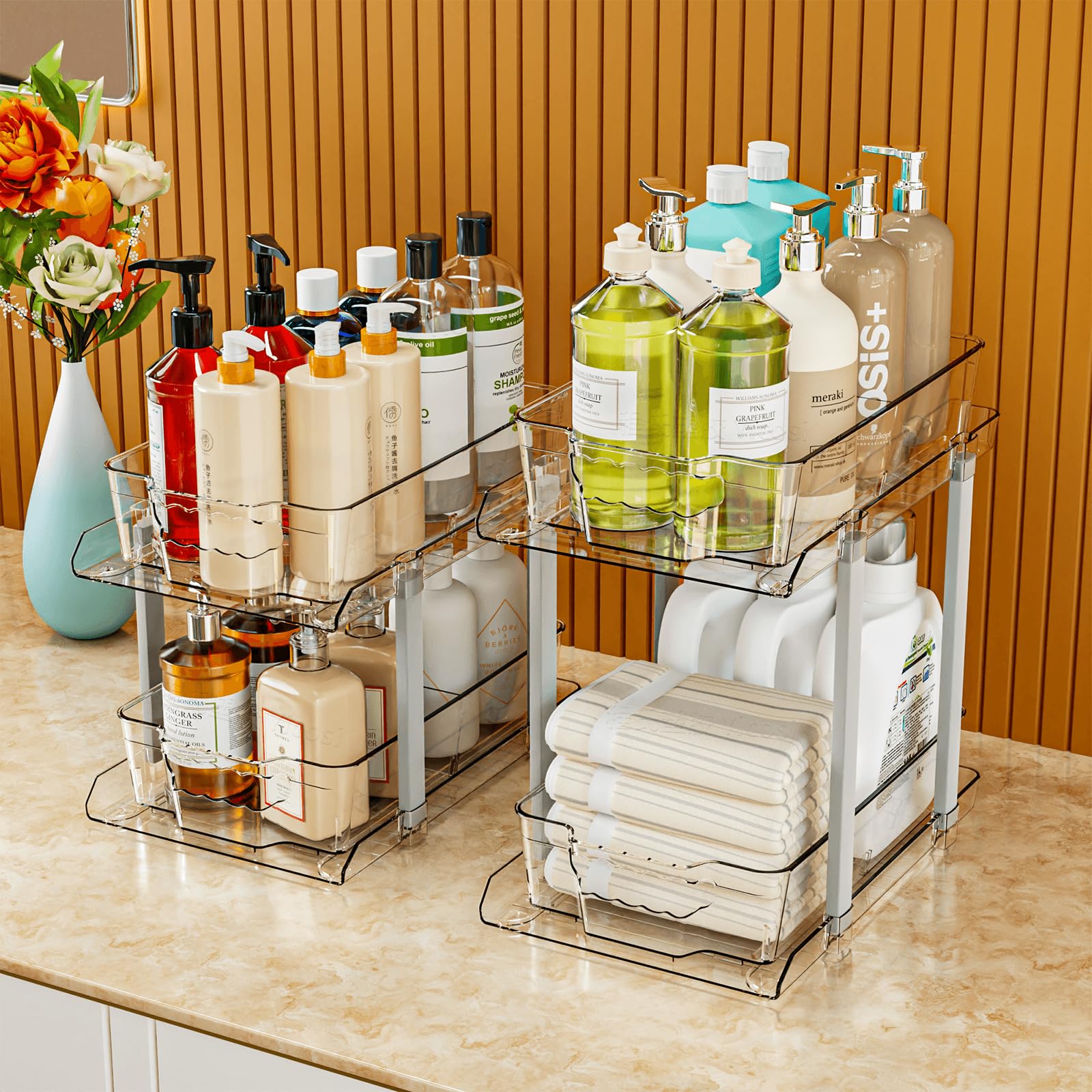 Yieach 2 Sets 9.7" Tall Under Sink Organizers And Storage,Multi-Purpose 2 Tier Under Bathroom Sink Organizer and Under Cabinet Storage,Clear Pull Out Medicine Cabinet Organizer With 8 Movable Dividers