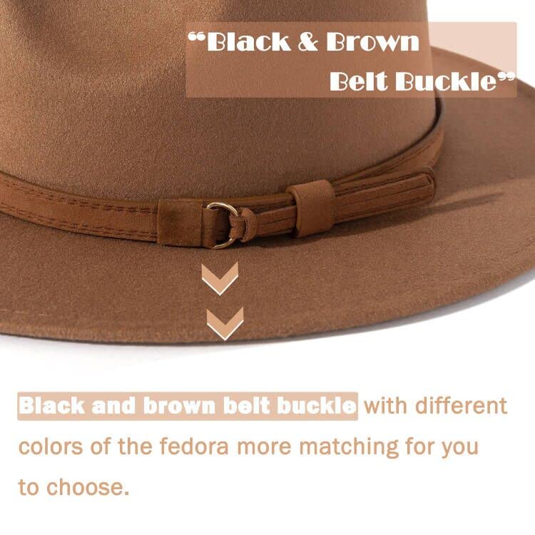 Lisianthus Men & Women Vintage Wide Brim Fedora Hat with Belt Buckle A-Khaki 59-60cm
