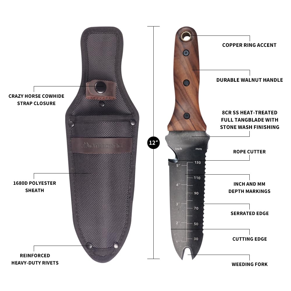 MOTEECRAG Professional Hori Hori Gardening Knife Full-Tang 8CR Soil Knife Multifunctional Manual Weed Puller Digging Knife for Planting Cultivating