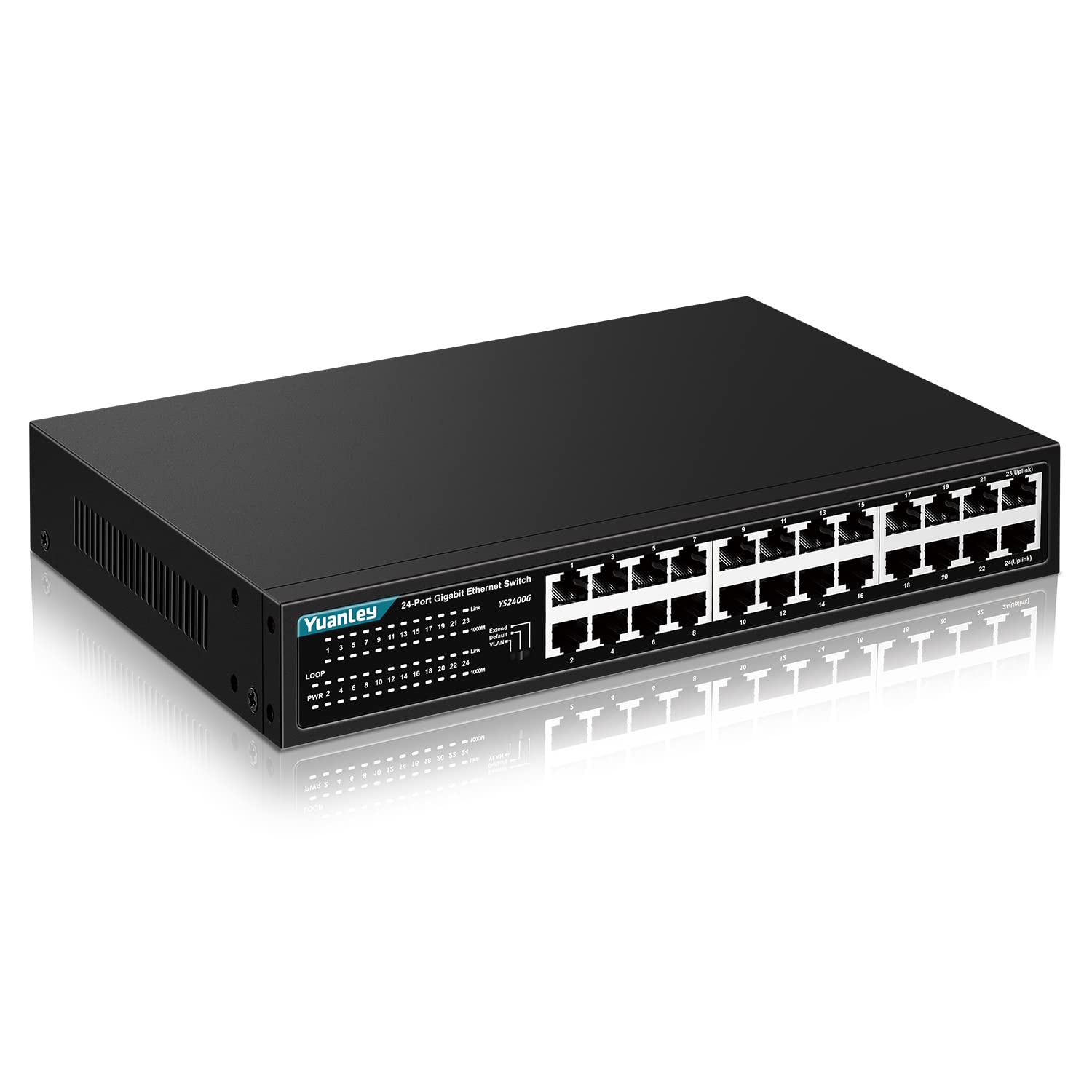 YuanLey 24 Port Gigabit Ethernet Switch, VLAN, Extend 250m, Fanless Metal Rackmount Unmanaged Plug and Play Network Switch