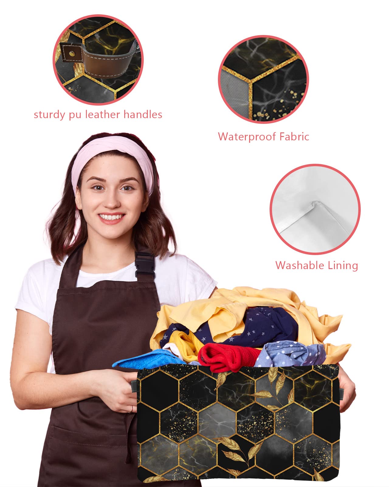 Marble Cube Storage Organizer Bins with Handles,15x11x9.5 Inch Collapsible Canvas Cloth Fabric Storage Basket,Black Gold Grey Grid Irregular Comb Plaid Geometric Books Kids' Toys Bin Boxes for Shelves