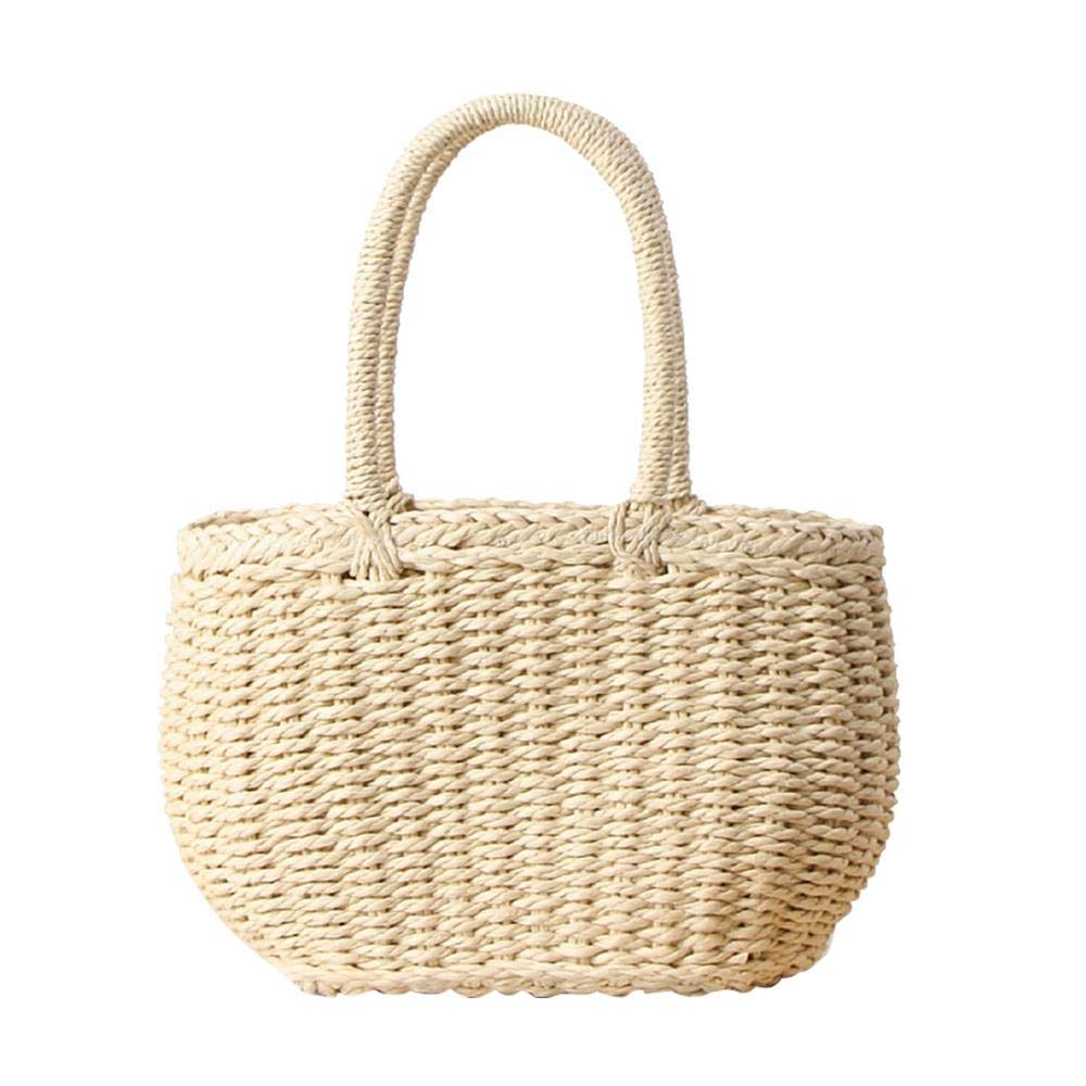 Natural Straw Bag for Women,Hand-woven Straw Hobo Bag Round Handle Retro Summer Beach Bag (Beige)