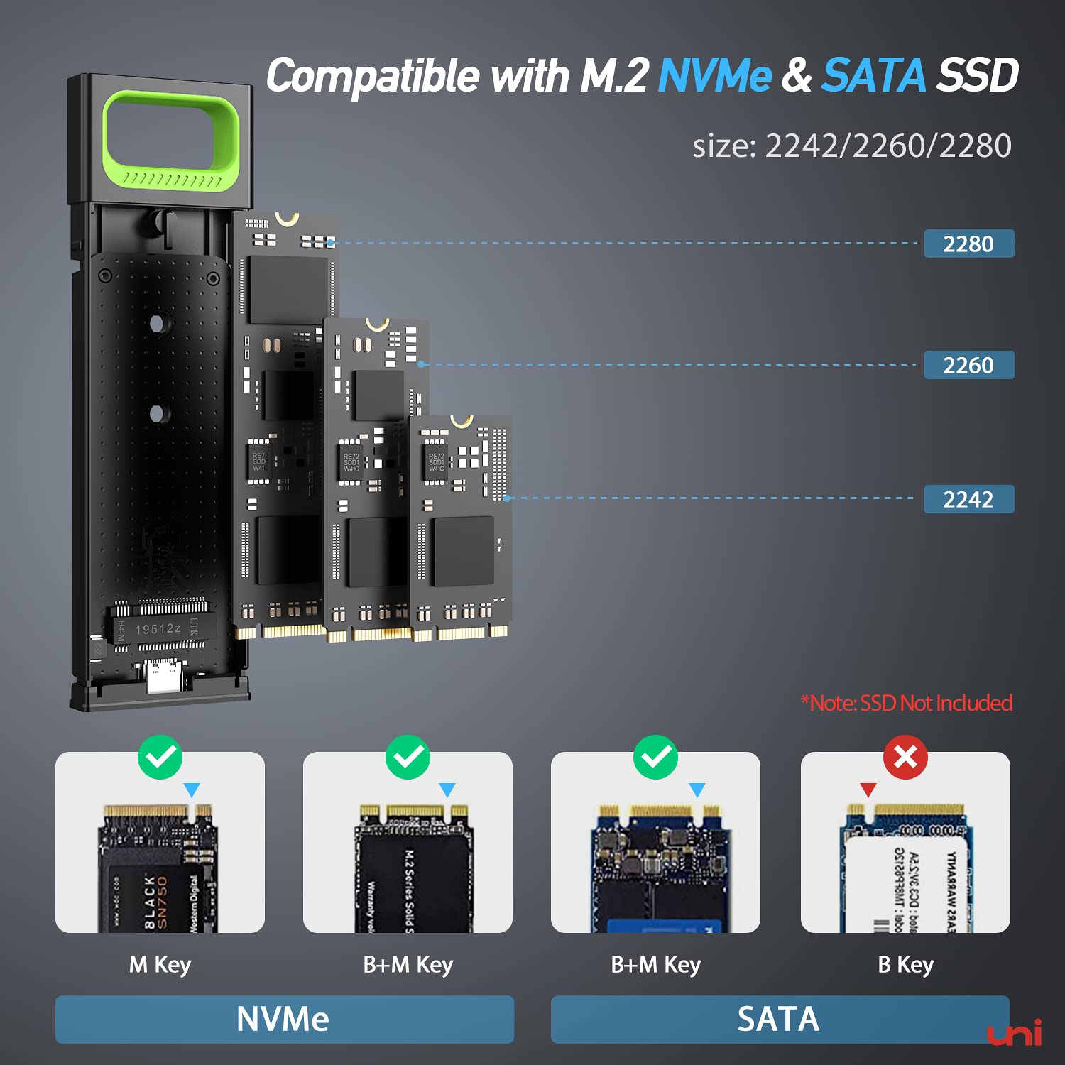 uni NVME SSD Enclosure, Tool-Free 10Gbps M.2 SSD Enclosure, USB C (Thunderbolt3 Compatible) NVME & SATA External SSD Reader Adapter with RTL9210B Chipset Support UASP for SSD Size 2280/2260/2242