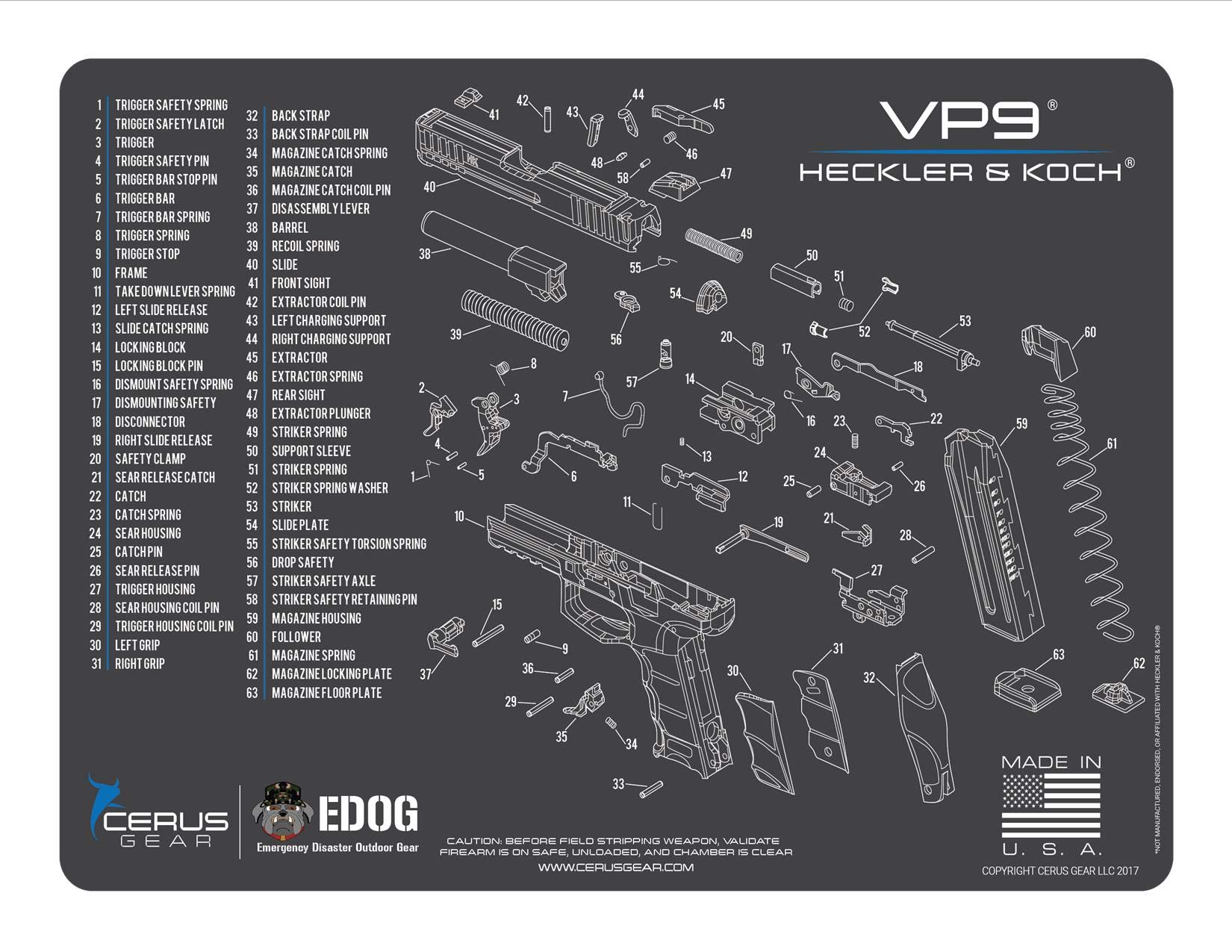 RangeMaster Elite EDC Bag Gun Cleaning Kit- Compatible for H&K VP9 - Schematic Mat (Exploded View) with Hoppes Gun Oil No.9 Solvent & Patches Clenzoil CLP 10 Pc Cleaning Accessories Set