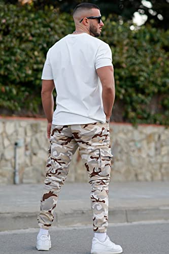 Men's Cargo Joggers Work Camo Chino Utility Combat Pants with Pockets(Light Khaki Camo,34)