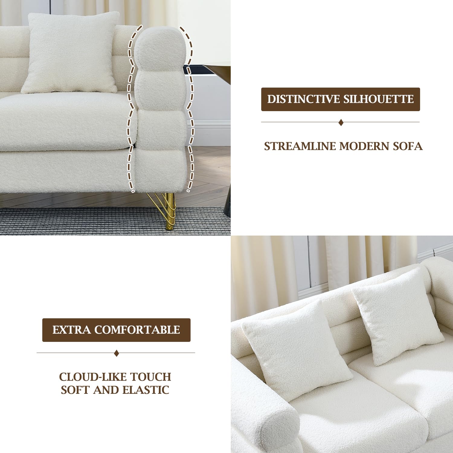 KATBOC Sofa Oversized 3 Seater Sofa 81-inch Modern Living Room Sofa Couch Teddy Fabric Upholstered Sofa Deep Seat Couch with 3 Pillows for Living Room Bedroom (White)