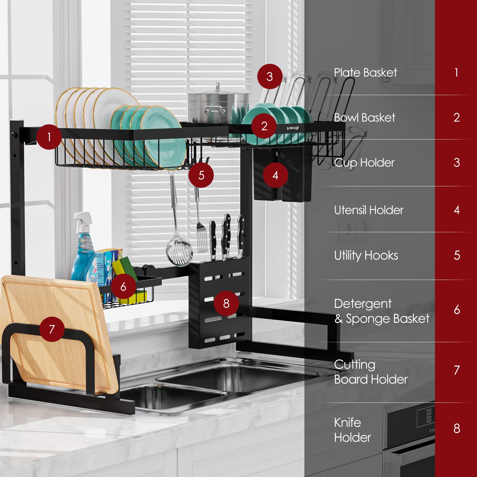 Sakugi Over The Sink Adjustable Dish Drying Rack - w/Large Capacity, Premium Space-Saving Rack for Kitchen Counter, Multifunctional 2-Tier, Stainless Steel