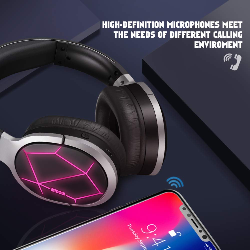 MIDOLA Headphone Bluetooth 5.0 Wireless LED Light DJ Over-Ear Foldable w/Mic Hi-Fi Audio, Deep Bass, Soft Protein Ear Cups 30-35H Playtime for Travel Home Office Cellphone Pad Notebook Black
