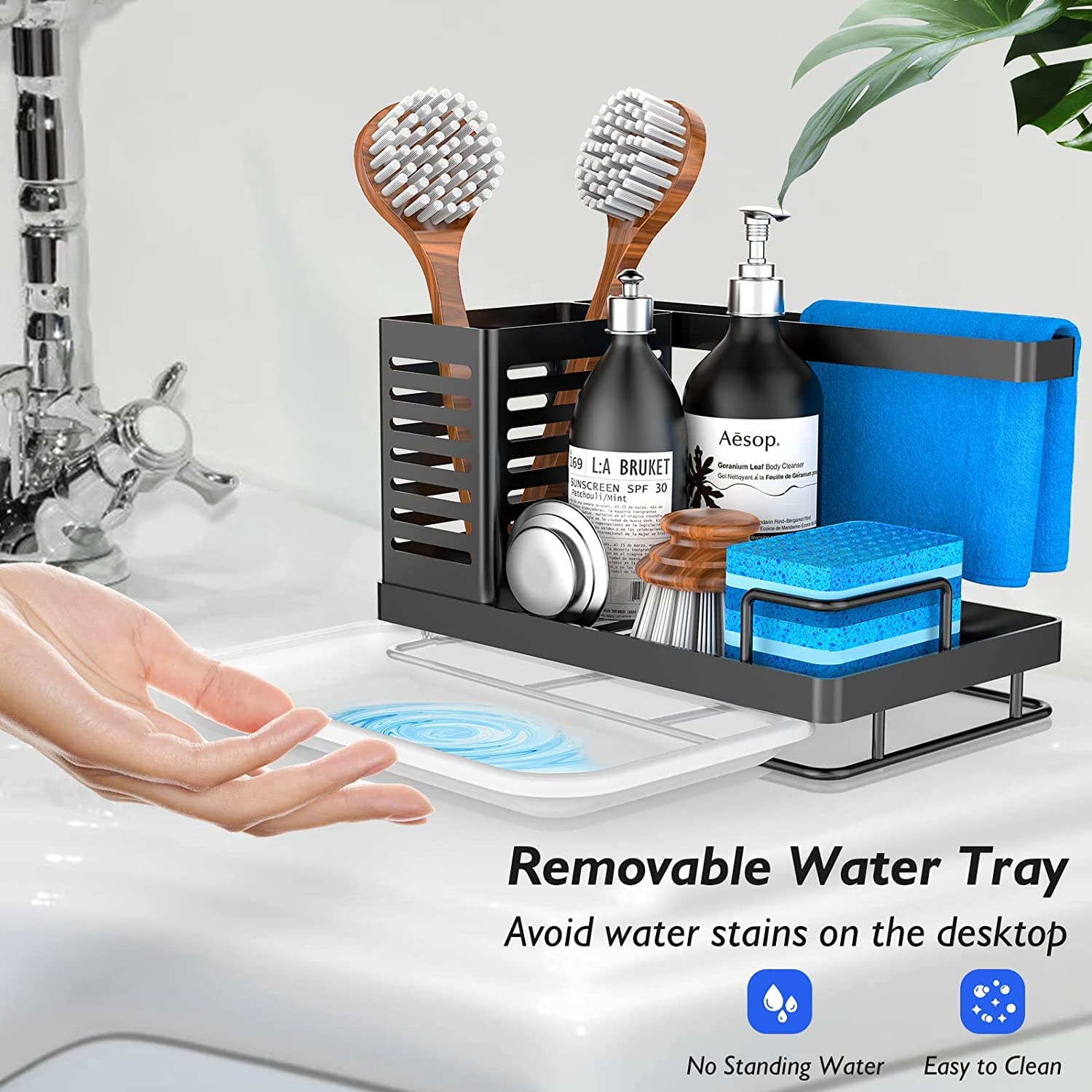 MURLONG Sink Caddy, Kitchen Sink Organizer Sponge Holder, Kitchen Sink Accessories Stainless Steel, Sink Brush Holder with Removable Drain Tray for Sponge, Dish Brush, Soap, Scrubber, Dishcloth