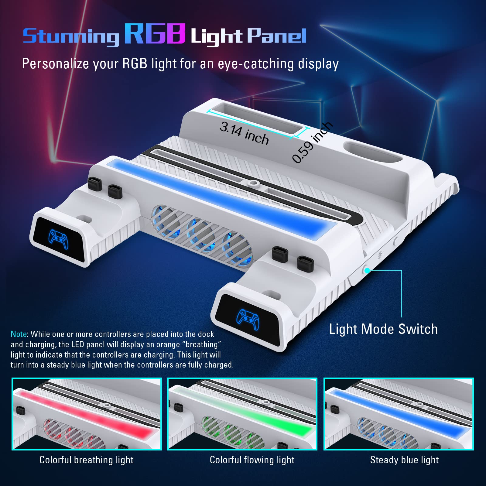 NexiGo PS5 Vertical Stand with Headset Holder and AC Adapter for PS5 Disc & Digital Editions, RGB LED Light, Dual Controllers Charger, 12 Game Rack Organizer, Hard Drive & Remote Slots, White RGB