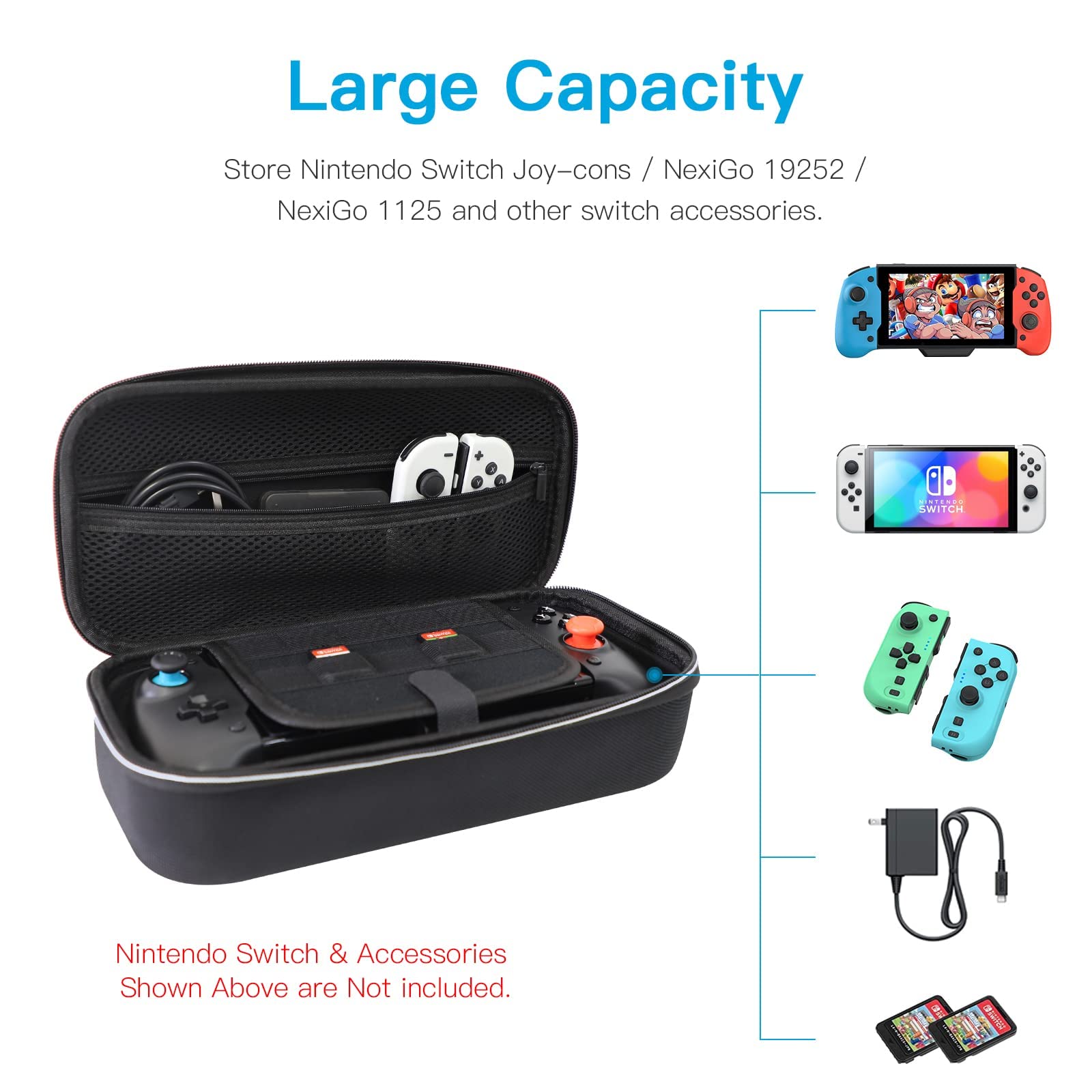 NexiGo Switch Accessories Holiday Bundle, Enhanced Switch/Switch OLED Controller (Black) for Handheld Mode, 6-Axis Gyro, Mapping, Vibration, Game Storage Case with 10 Game Card Holders