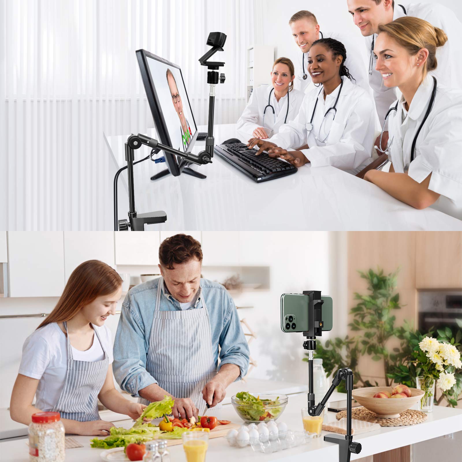 Webcam Stand Camera Mount with Phone Holder & 5/8" Screw, 25in Flexible Projector Stand Gooseneck Desk Mic Stand for Logitech C922 C930e C920 C615 C960 Brio 4K, GoPro, Blue Yeti Snowball Ice