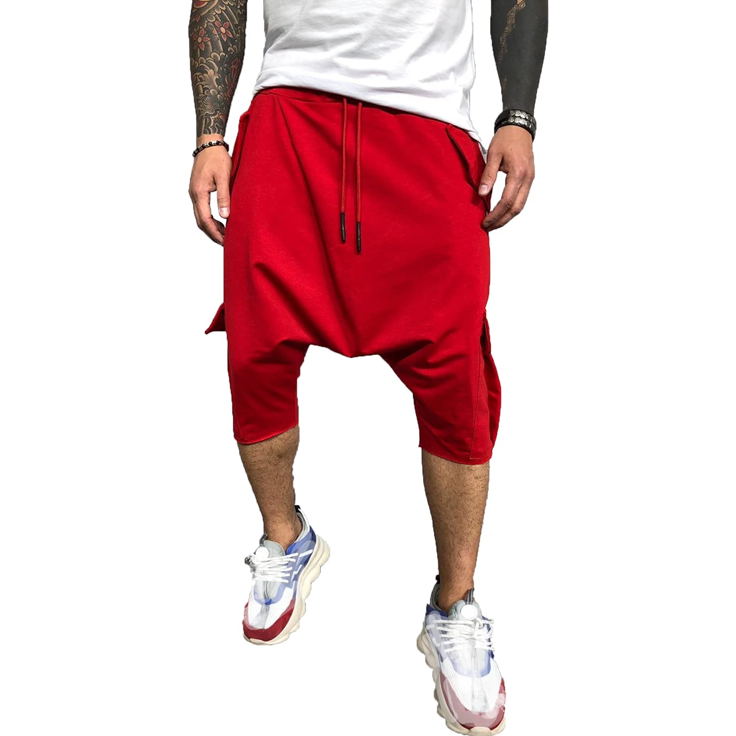 Men's Drop Crotch Hippie Shorts Casual Elastic Drawstring Harem Pants Multi Pocket Baggy Yoga Genie Boho Trousers (Red,X-Large)