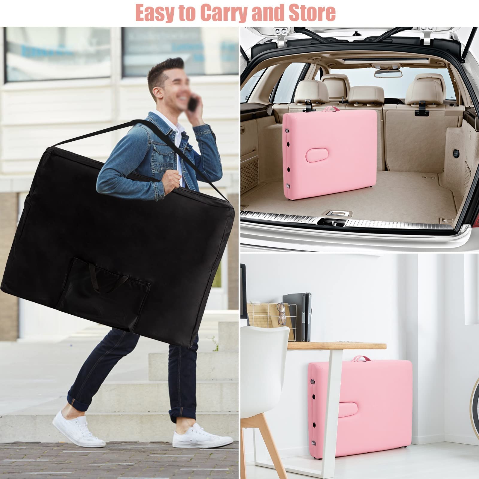 ZHYH 84" L Portable Massage Table Adjustable Spa Bed Tattoo w/Carry Case Pink