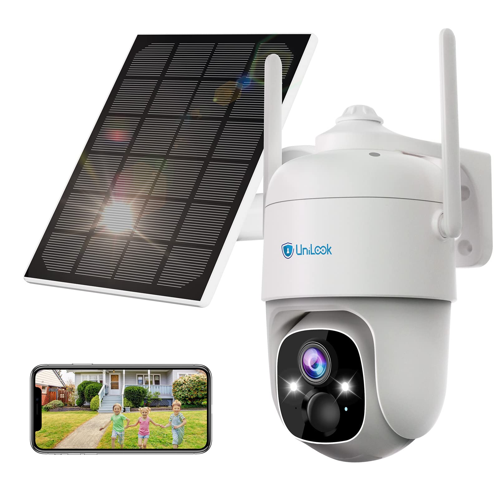 UNILOOK 2K Wireless Security Camera PTZ 360° Outdoor Solar Camera with 3MP Color Night Vision, AI Motion Detection IP66 Waterproof, 2-Way Talk, 2.4G WiFi, SD Storage,Whtie