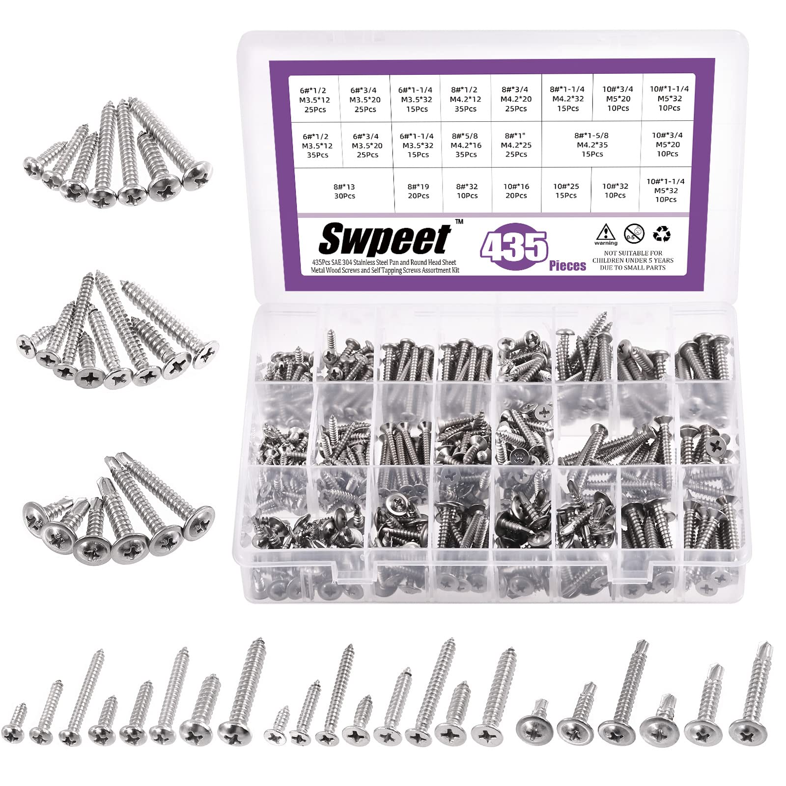 Swpeet 435Pcs 3 Types #6#8#10 SAE 304 Stainless Steel Round Pan Head and Phillips Flat Head Self Tapping Sheet Metal Screws Wood Screws with 410 Stainless Steel Truss Head Fast Self Tapping Screws