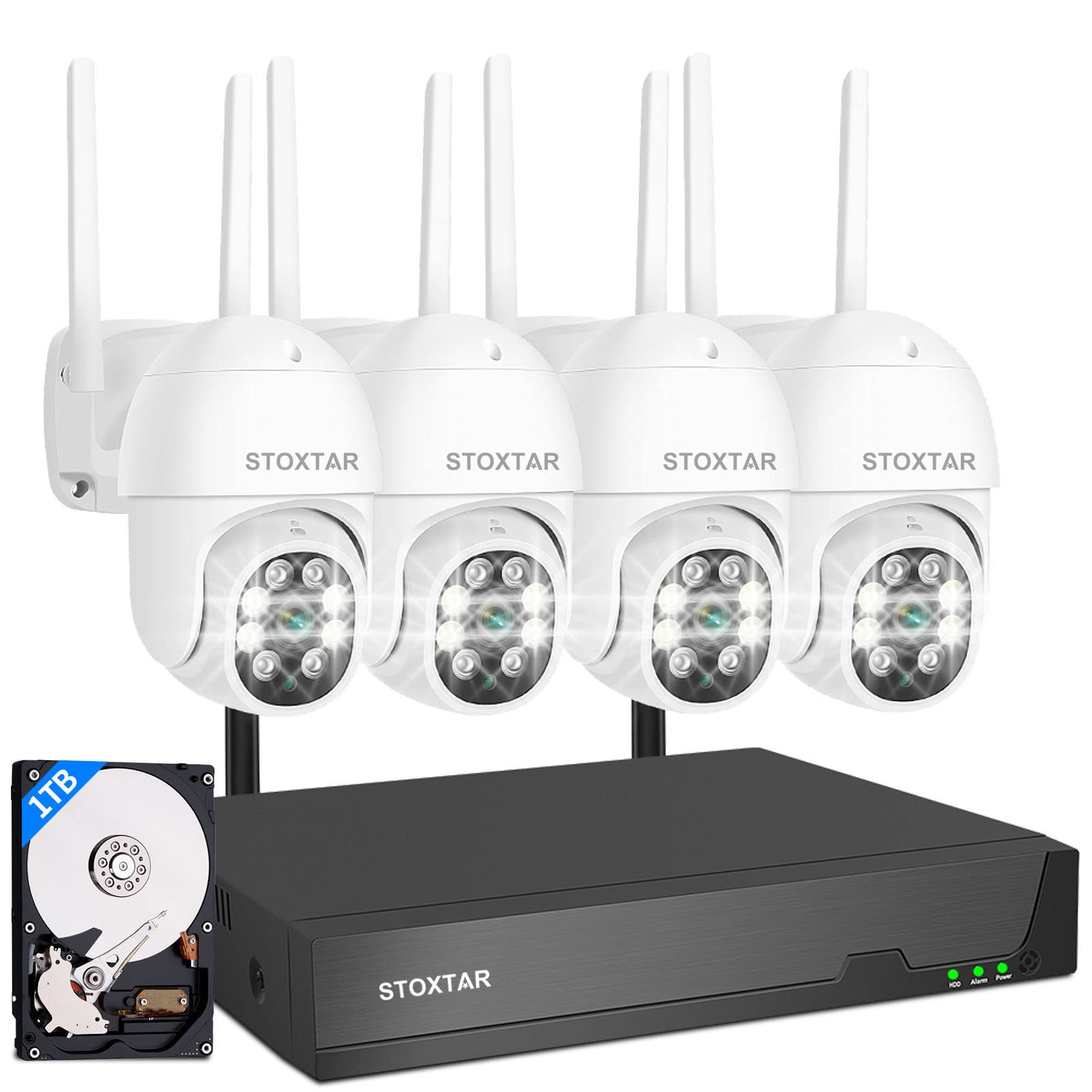 Stoxtar 2K 10CH Auto Tracking PTZ Wireless Security Camera System Outdoor, 4pcs 3MP Pan Tilt Home Security Cameras with Floodlight, Color Night Vision, 2-Way Audio, AI Human Detection,1TB HDD