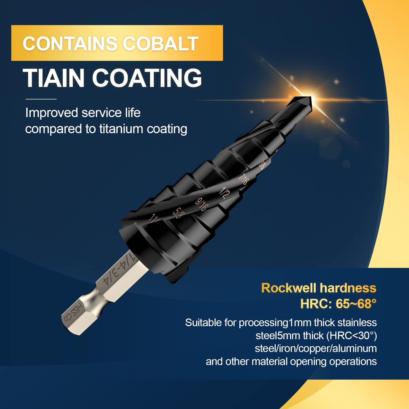 Zaamsoa M35 Step Drill Bit, 1/4”-3/4" Impact Ready Three Spiral Flute Unibit Step Bit, 1/4" Hex Shank Co Drill Bit for Metal, Wood, Multiple Hole Drilling Cone Drill Bit Drill Bits