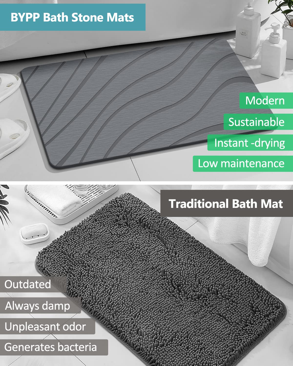 LOFTER Stone Bath Mat, Diatomite Stone Bath Mat Nonslip Super Absorbent Quick Drying Stone Mat for Kitchen Counter, Natural Non-Slip Bathroom Mats Stone Shower Mat Easy to Clean (23.5 x 15 inch)