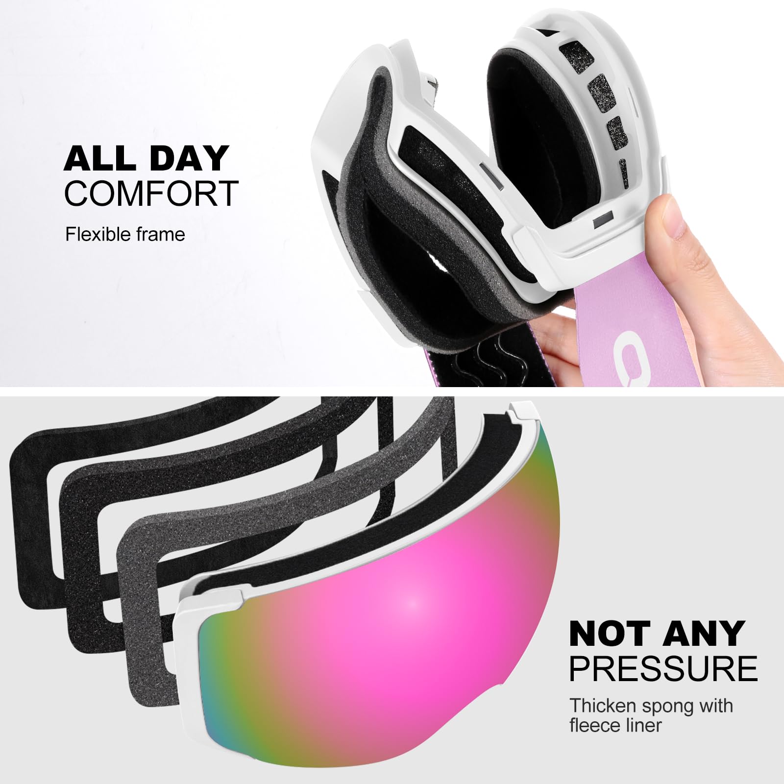 Odoland Magnetic Interchangeable Ski Goggles with 2 Lens, Large Spherical Frameless Snow Snowboard Goggles for Men Women, White Frame Purple Lens vlt 25%