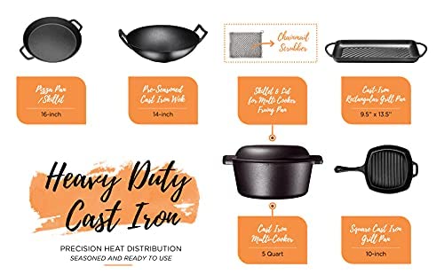 Pre Seasoned Cast Iron 7 Piece Bundle Gift Set, Double Dutch, Rectangular grill Pan, Wok, Large Skillet, Square Grill Pan & Chainmail, Camping Cookware Set