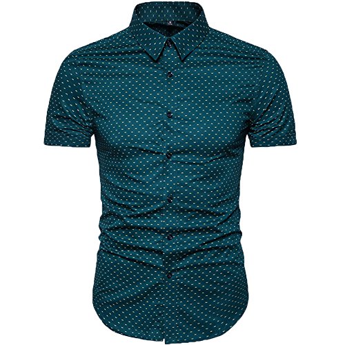 MUSE FATH Men's Printed Dress Shirt-Cotton Casual Short Sleeve Shirt,Button-Down Point Collar Shirt-Green-L
