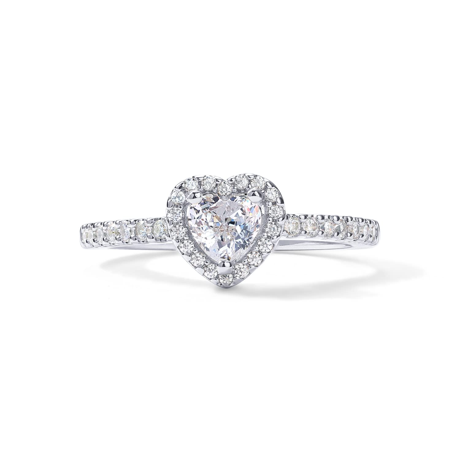 PAVOI 14K Gold Plated Heart Halo Ring for Women | Promise Rings for Her (White Gold, 7)