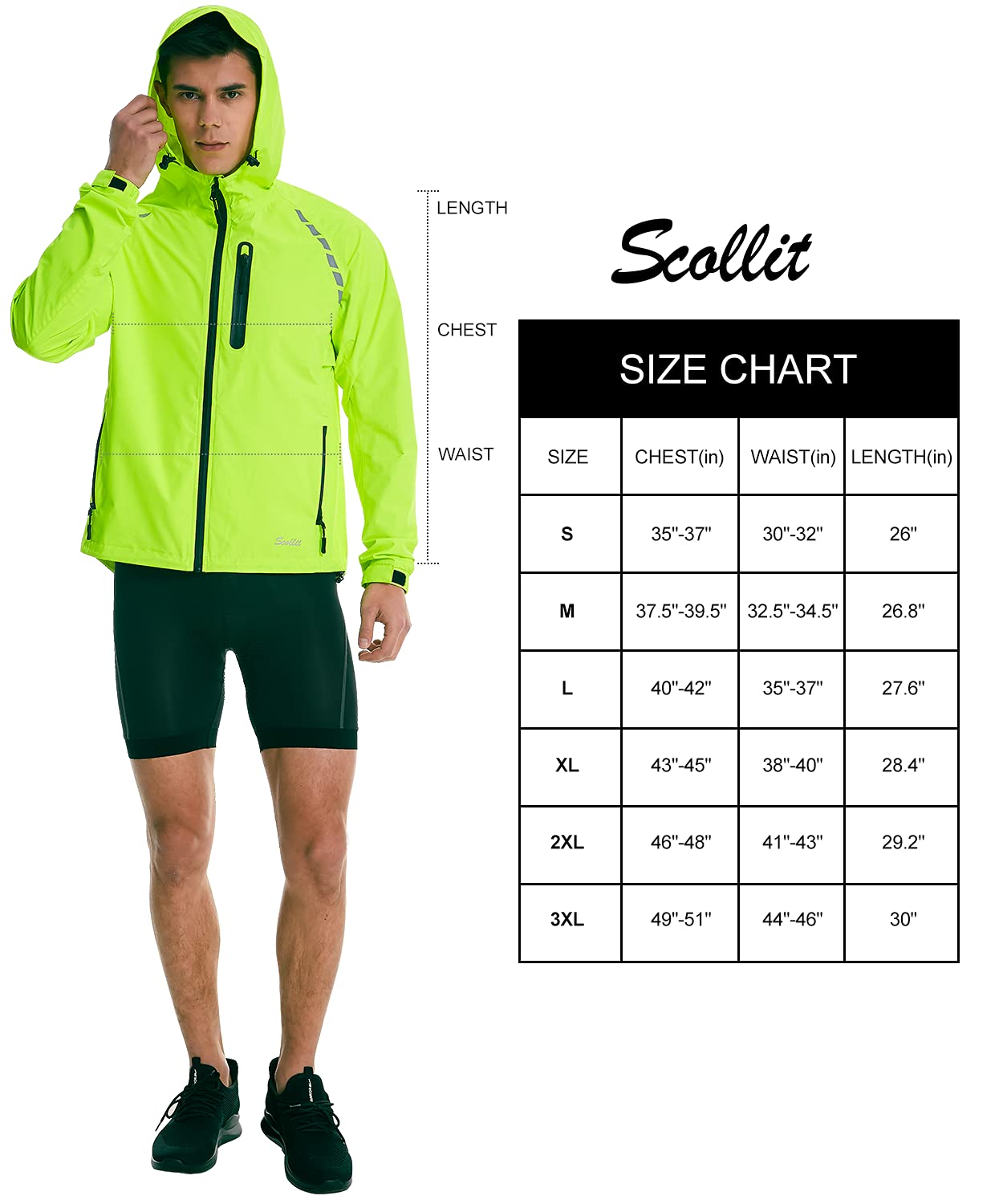 Men’s Cycling Running Jackets Waterproof Windbreaker Lightweight Hooded Packable High Visibility Bike Biking Bicycle Breathable Rain Jacket Reflective Windproof Raincoat Fluorescent Yellow XXL