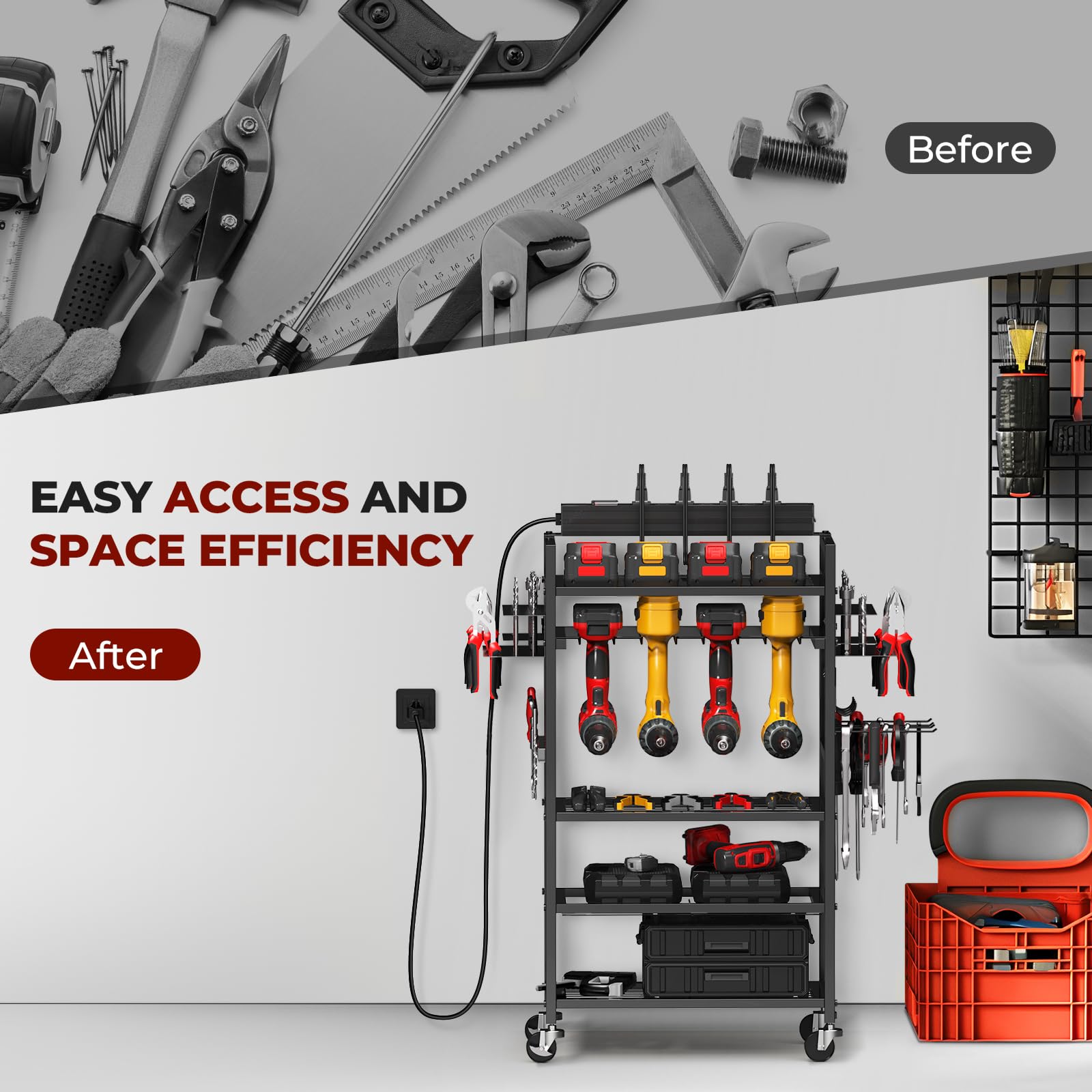 Zivanti Power Tool Organizer Cart, Sturdy Garage Tool Organizer Cart with Charging Station, 5-Tier Power Tool Charging Station for Tool Organizers and Storage, Drill Holder on Wheels