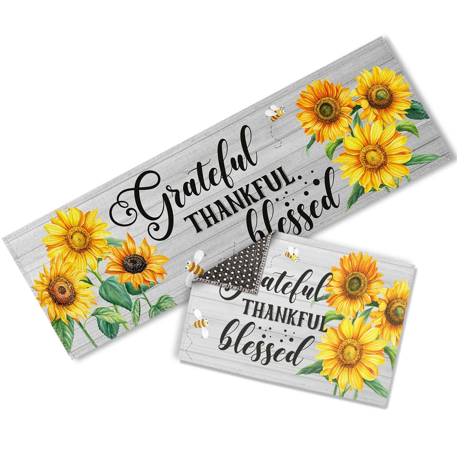 PRUKIVRA Kitchen Rugs and Mats,Non Skid Washable,Sunflower on Light Wood,Set of 2,Anti-Fatigue Comfort Standing Mat for Floor, Office, Sink, Laundry(17"x52"+17"x26")