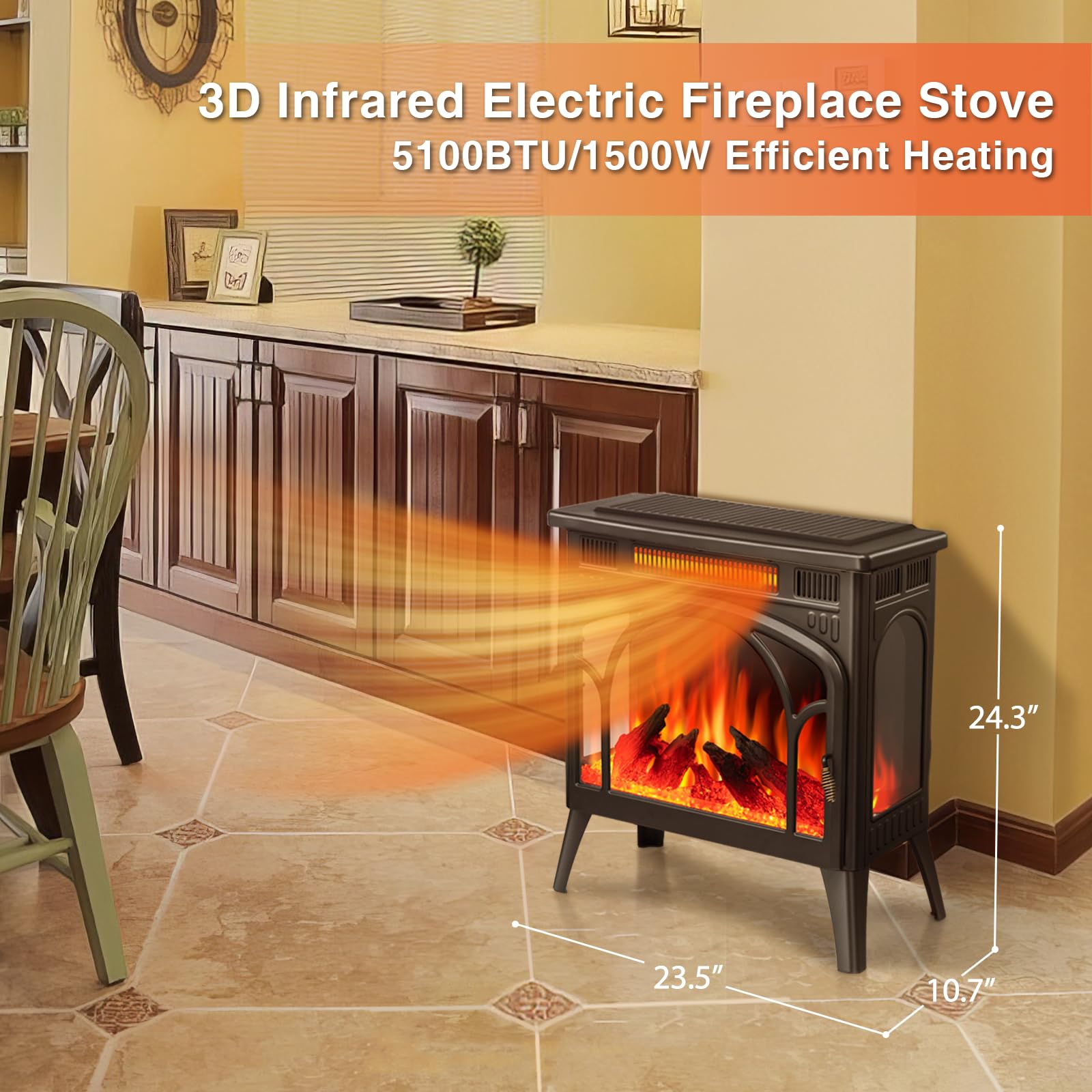 LHRIVER Electric Fireplace Heater w/ Remote,24'' Portable Infrared Fireplace Stove w/ Multiple 3D Flame, Adjustable Temp & Brightness,Timer 5100BTU Freestanding Electric Fireplace Heaters Indoor Use