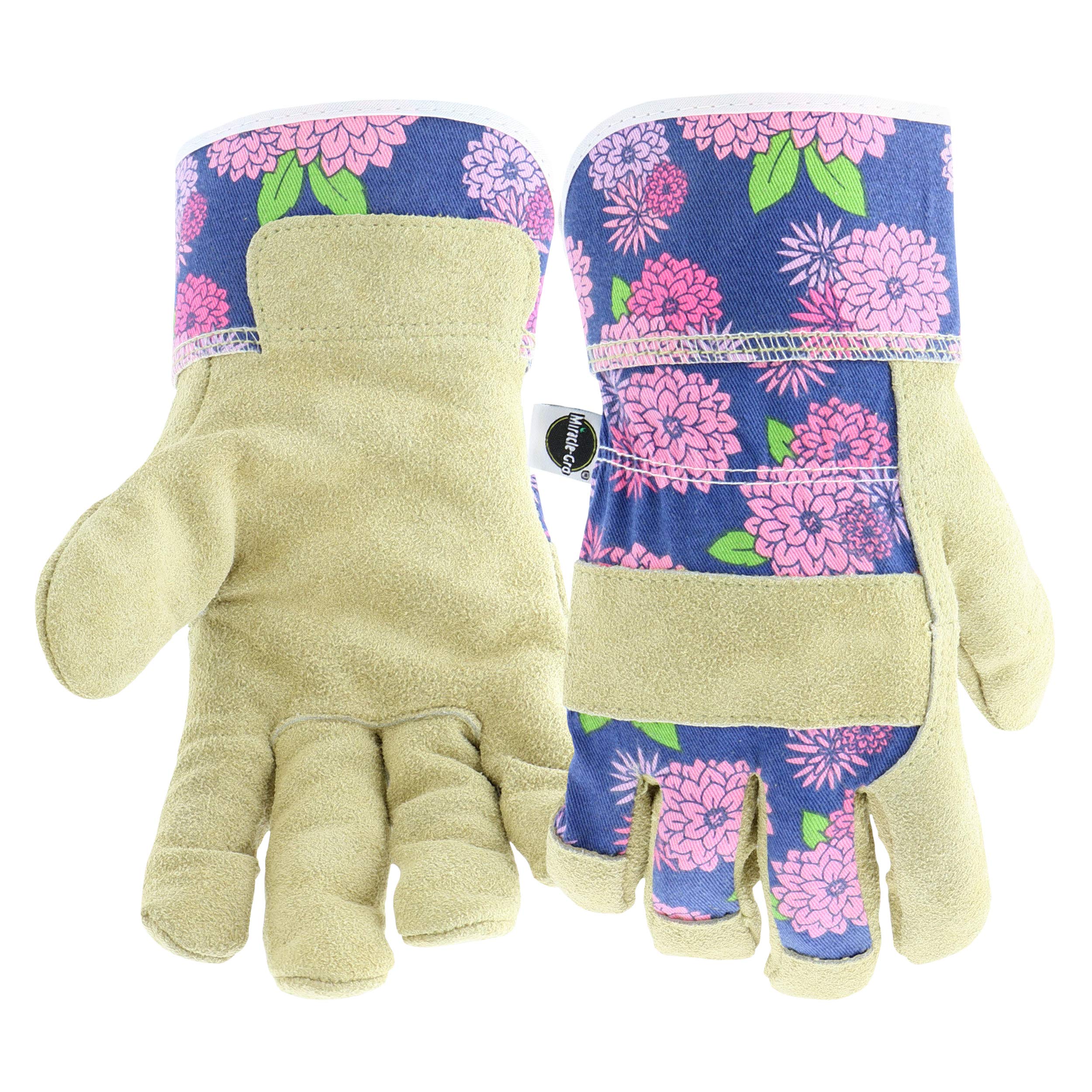 Miracle-Gro MG23012/WSM Split Cowhide Garden Gloves β Floral, Small-Medium, Canvas Back Leather Palm Gloves for Women