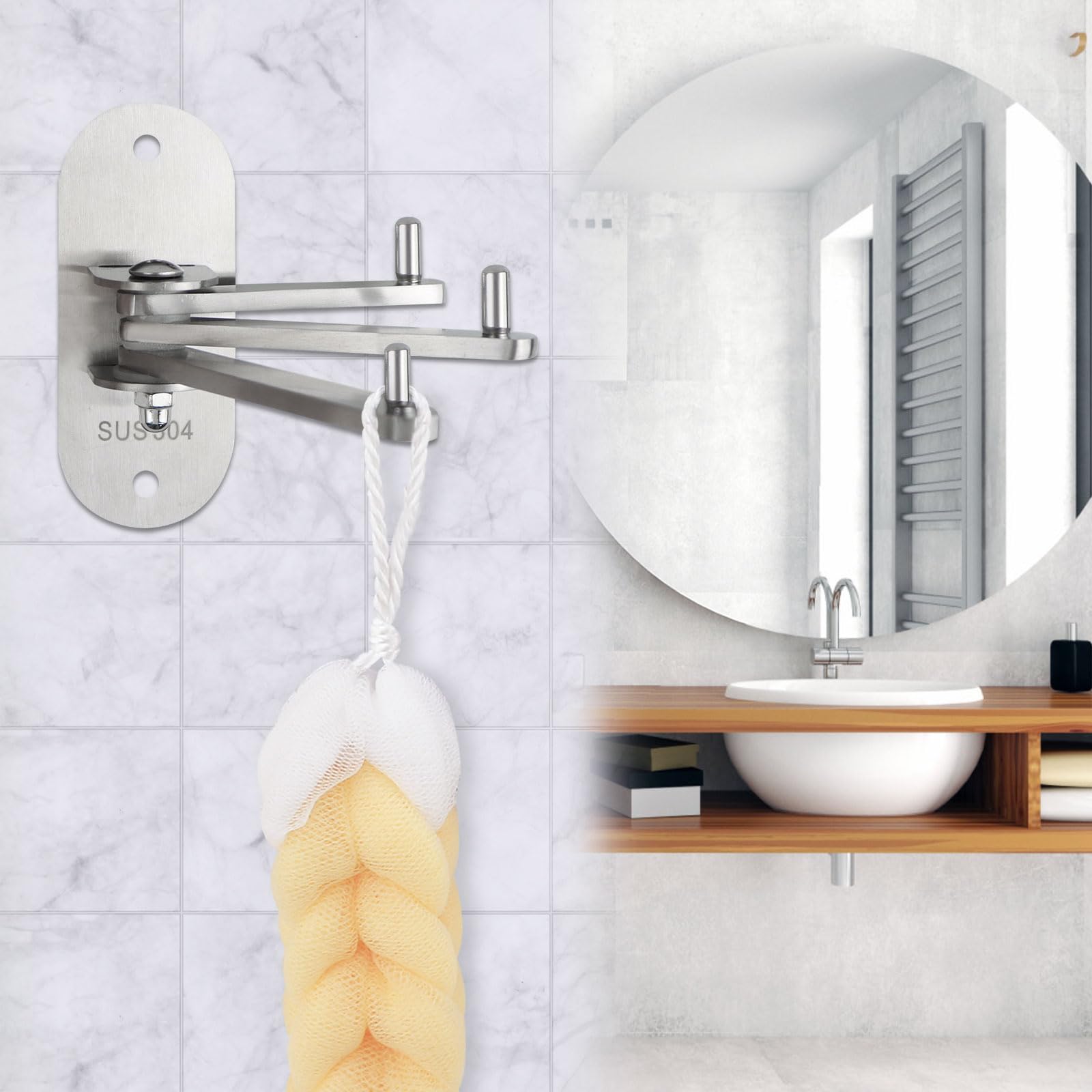 Zivisk Folding Towel Hook Solid Metal 3 Arms Foldable Swivel Hook Space Saving Wall Clothes Hanger for Bathroom, Bedroom, Laundry Room - Silver