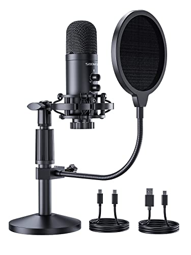 SOOMFON USB Computer Microphone Condenser Podcast Microphone for PC, Recording, Gaming, Streaming, Upgraded Mic with Height Adjustable Stand, Headphone Output, Gain and Volume Knob