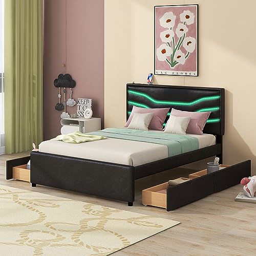 YSWH Queen Size Upholstered Platform Bed, Wood Storage Bed Frame with 4 Drawers, Headboard with LED Lights Strips and USB Charging, Kids Adults Bedroom Furniture Versatility Bed (Black)
