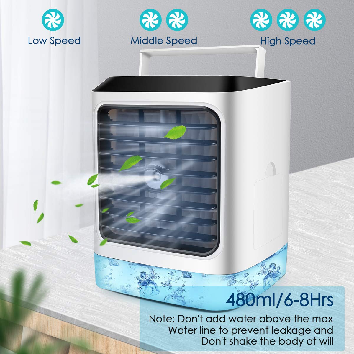 Sticque Portable Air Conditioner, Evaporative Personal Cooler Humidifier, 3 Speeds, 7 Colors LED Light, Freon Free Ice Fan with Handle, Misting Fast Cooling Desktop for Room, Office, Study