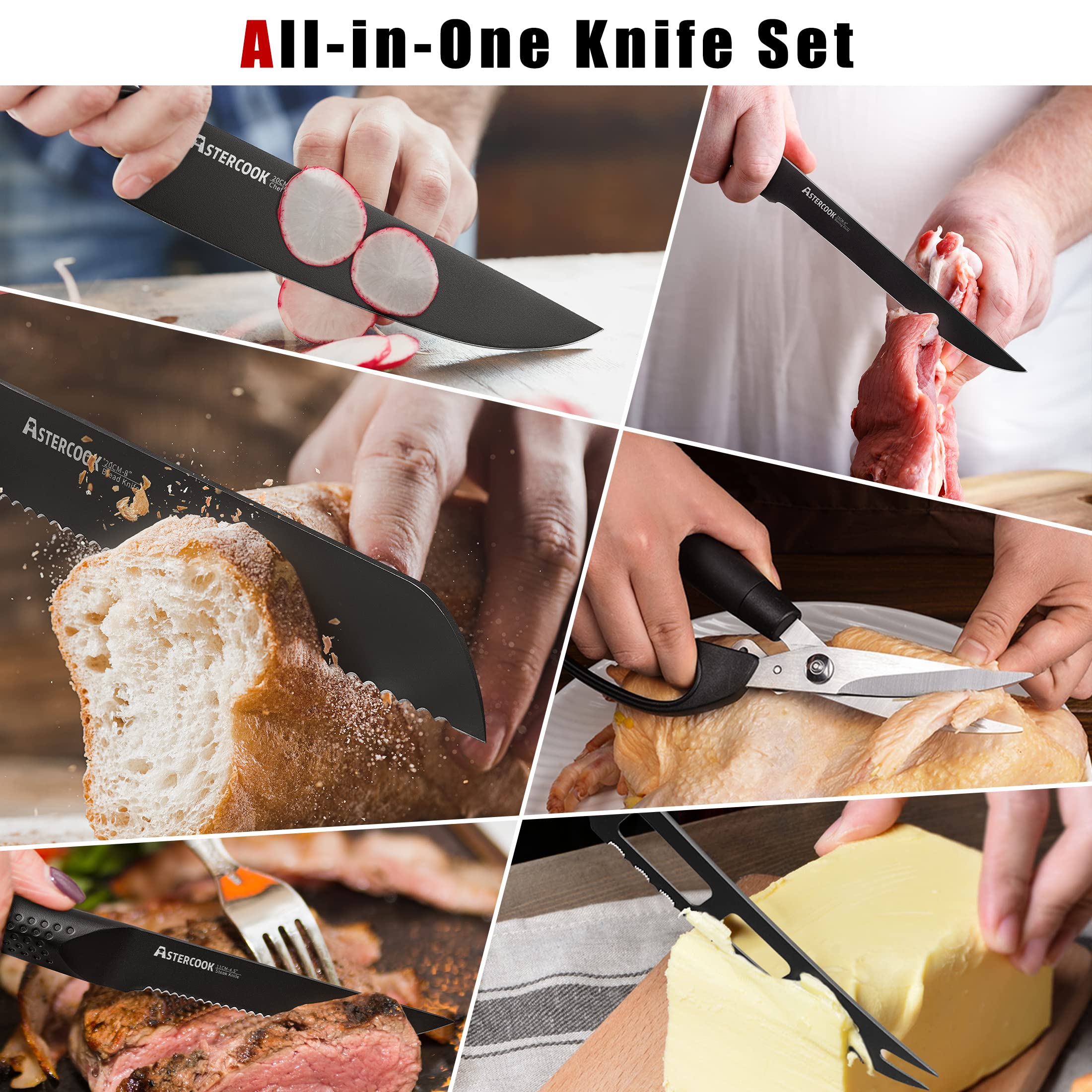 Knife Set, 21 Pieces Chef Kitchen Knife Set with Block, Built-in Knife Sharpener, German Stainless Steel Knife Block Set, Dishwasher Safe, Elegant Black