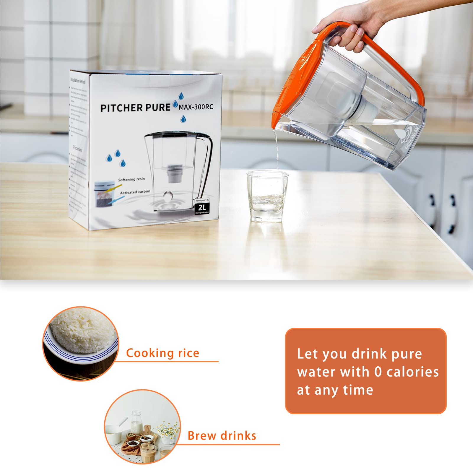 SHUILANLAN Water Filter Pitcher 10 Cup with 2 Filter, Filtered Water Pitcher for Fridge(Orange)