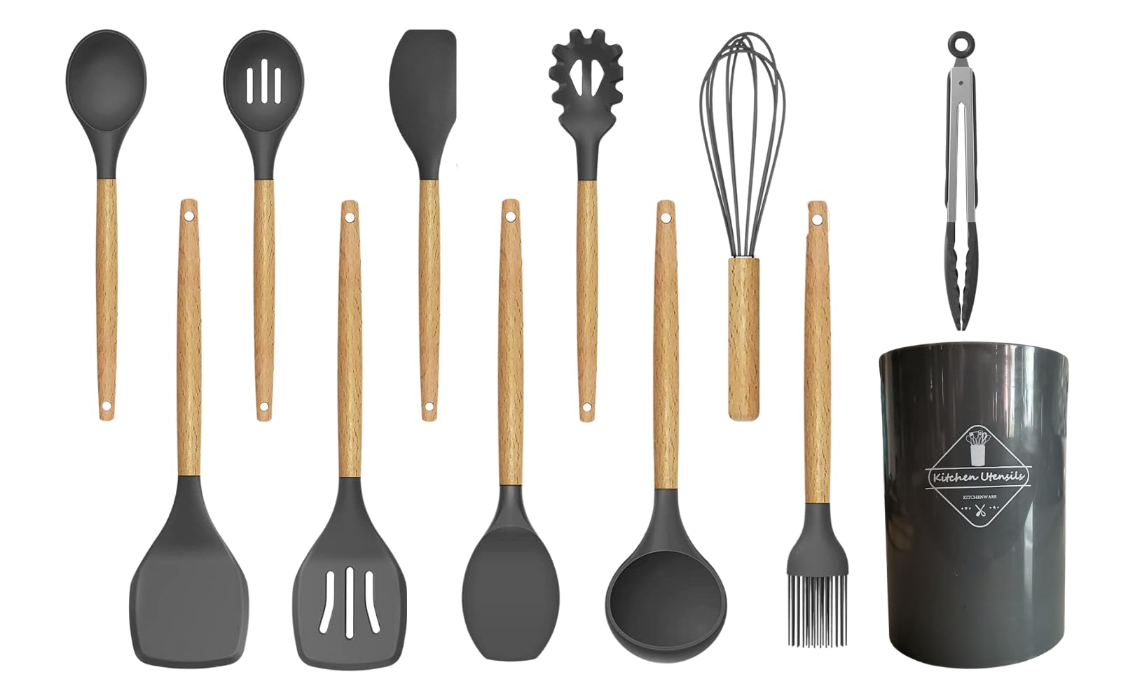 LaGrace O Naturel 12 Pcs Non-stick Silicone Kitchen Utensil Set – Wooden Spoons For Cooking - 446°F Heat Resistant Turner Tongs, Spatula, Spoon, Brush,