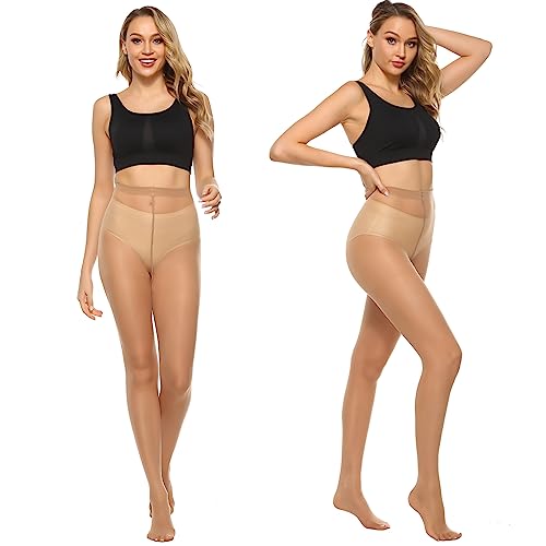 MANZI 6 Pairs Women's 20D Sheer Silky Pantyhose Run Resistant Nylon Tights High Waist Stockings with Control Top (6 Natural,M)