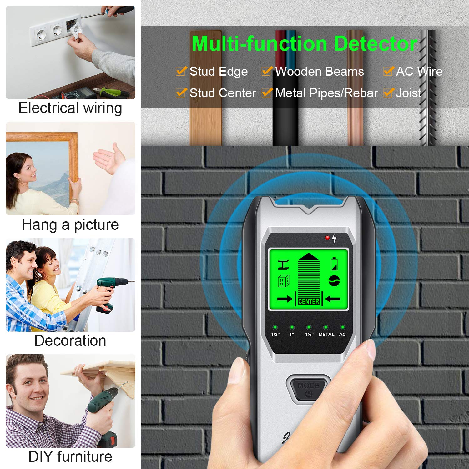 Stud Finder Wall Scanner, 5 in 1 Multi-function Upgraded Smart Stud Sensor, Wall Scanner with Battery for the Center& Edge of Metal, Studs and AC Wire, Pipe Locator for Walls
