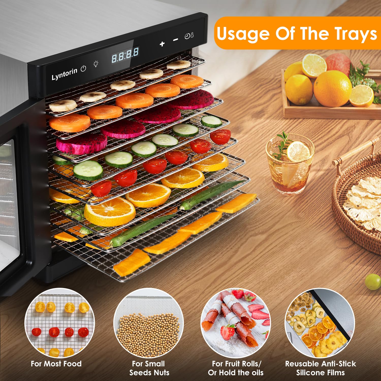 LynTorin Food Dehydrator Machine, 700W 8 Trays Dehydrators for Food and Jerky with 95-167β Temperature & 24H Timer, Food Dehydrator 19pcs Tray&Sheet