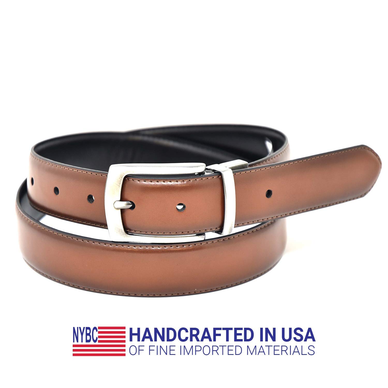 Mens Belt Vegan Leather Reversible Dress Casual Belt, NYBC Hadley 35mm Width, Brown/Black, Medium