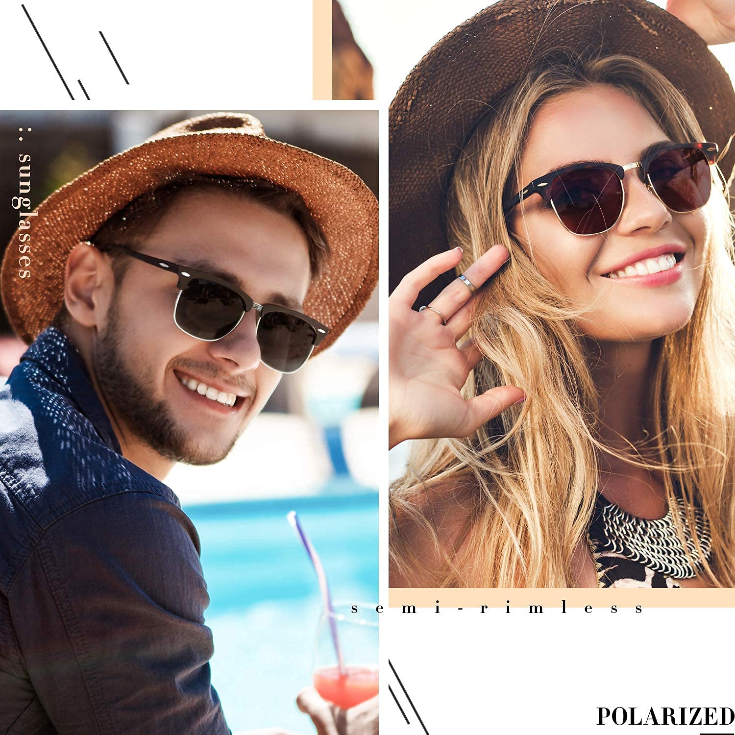 LINVO Polarized Semi Rimless Sunglasses for Men Women, Mens Sunglasses Classic Retro Shades Half Frame Driving Sun Glasses UV Protection