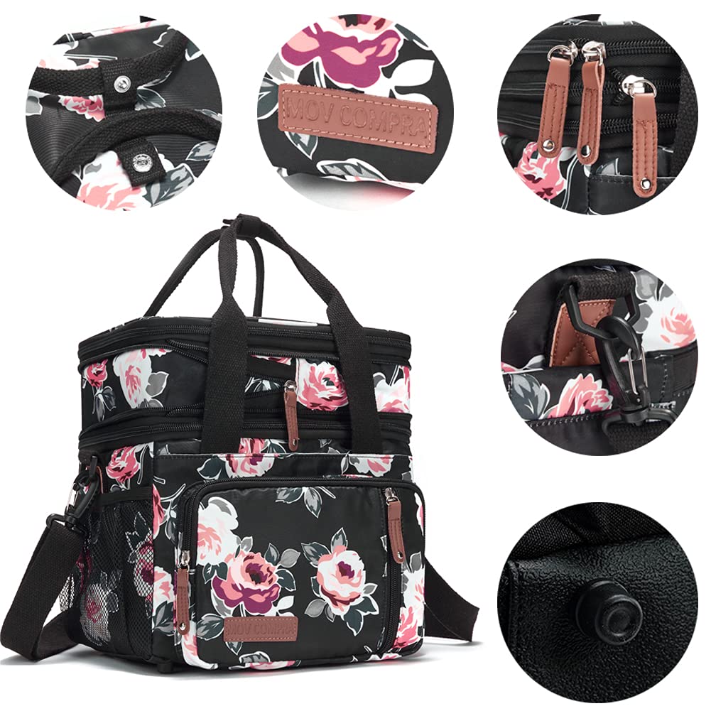 MOV COMPRA Lunch Bag Women Flower Insulated Lunch Box for Work, Expandable Large Lunch Bag, Leakproof Double Deck Lunch Box Cooler Bag with Removable Shoulder Strap(Flower)