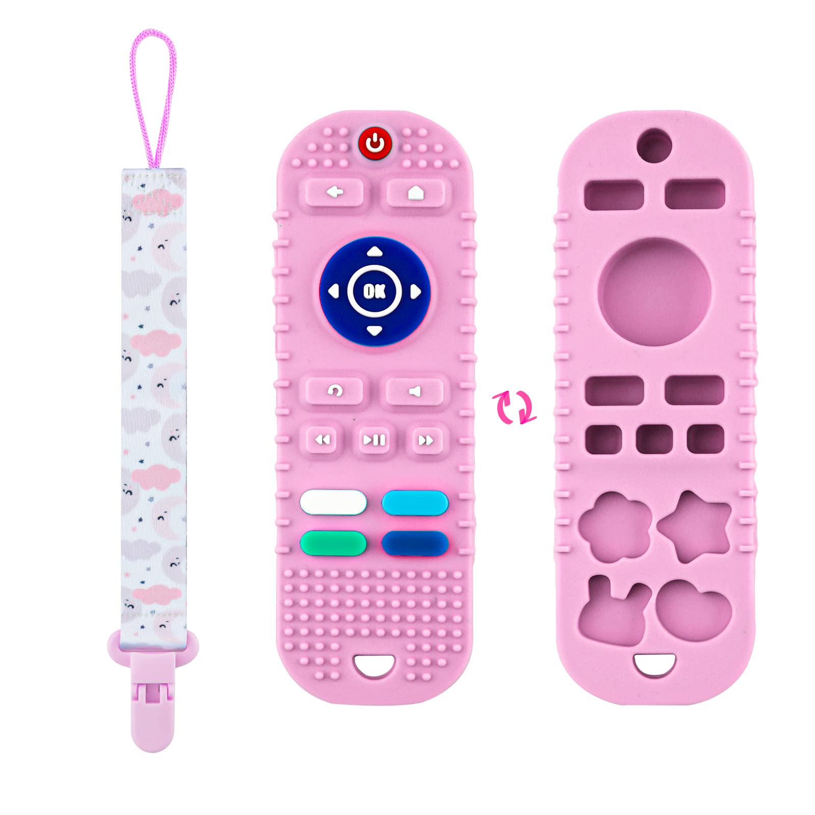 Silicone Baby Teething Toy Remote Control Shaped Baby Teether with a Cute Pacifier Clip Chain Soft Baby Chew Toys Early Sensory Education Molar Toy for Babies 3-18 Months (Pink)