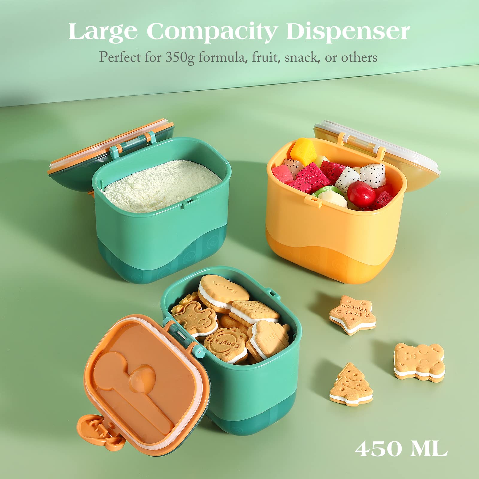 Zooawa Baby Formula Dispenser On The Go, Baby Formula Container Holder Milk Powder Dispenser Formula Travel Container Portable Fruit Snack Storage Container with Scoop Fork Leveller, 550ml/300g, Green