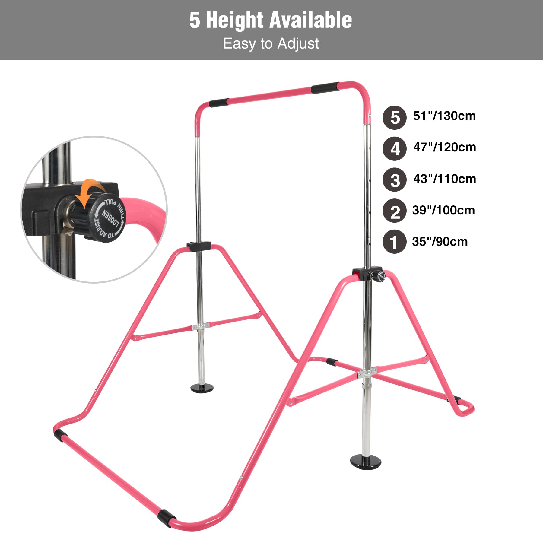RedSwing Foldable Kids Gymnastics Bar, Adjustable Height Gymnastic Horizontal Bar for Toddler Ages 8-12, Stable Children Training Bar for Home, Easy to Assemble, Pink