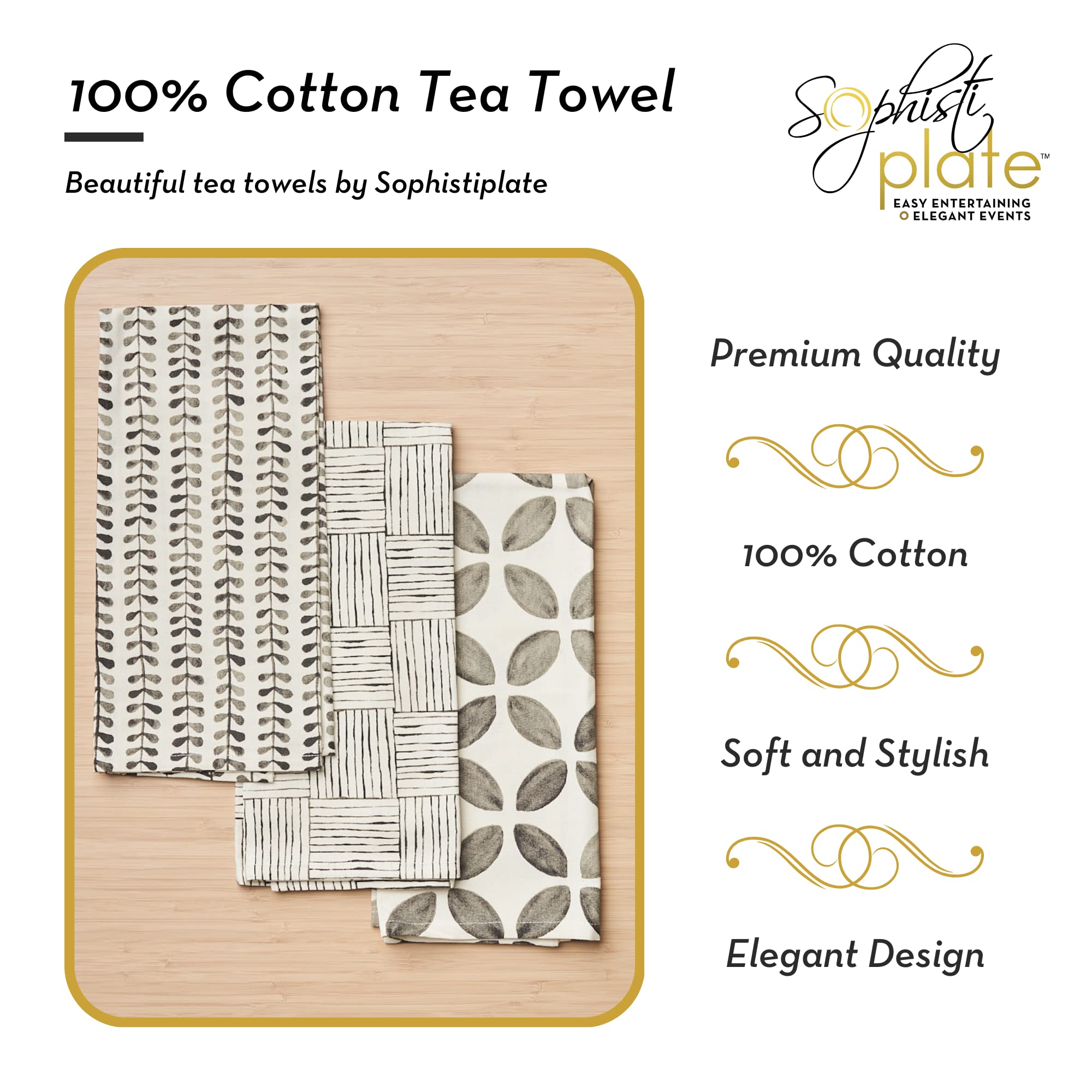 Sophistiplate Tea Towel for Kitchen, Dining - 3 Pack Black & White Set - 100% Cotton - Black White Tea Towels - Machine & Hand Washable Hand Towels - Reusable Cleaning Cloths - 30” x 20”