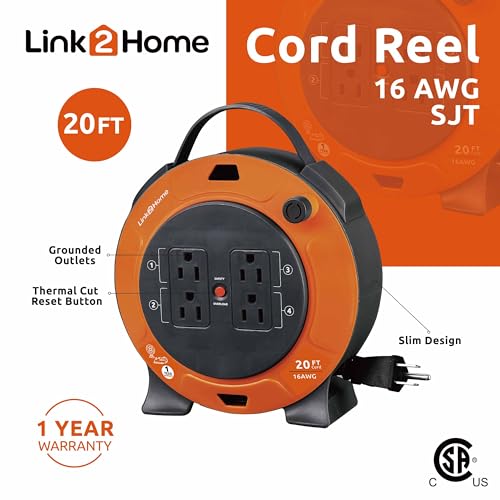 Link2Home Heavy Duty Retractable Extension Cord Reel 20 Ft. With 4 Outlets & 16AWG 3-Prong SJT Cord